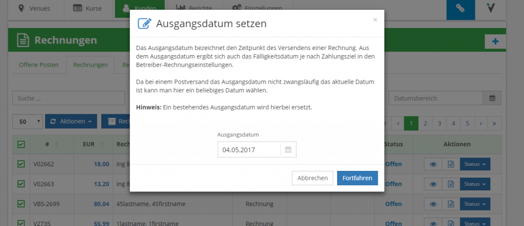 Wie kann ich das Ausgangsdatum einer Rechnung setzen? – VENUZLE Manager